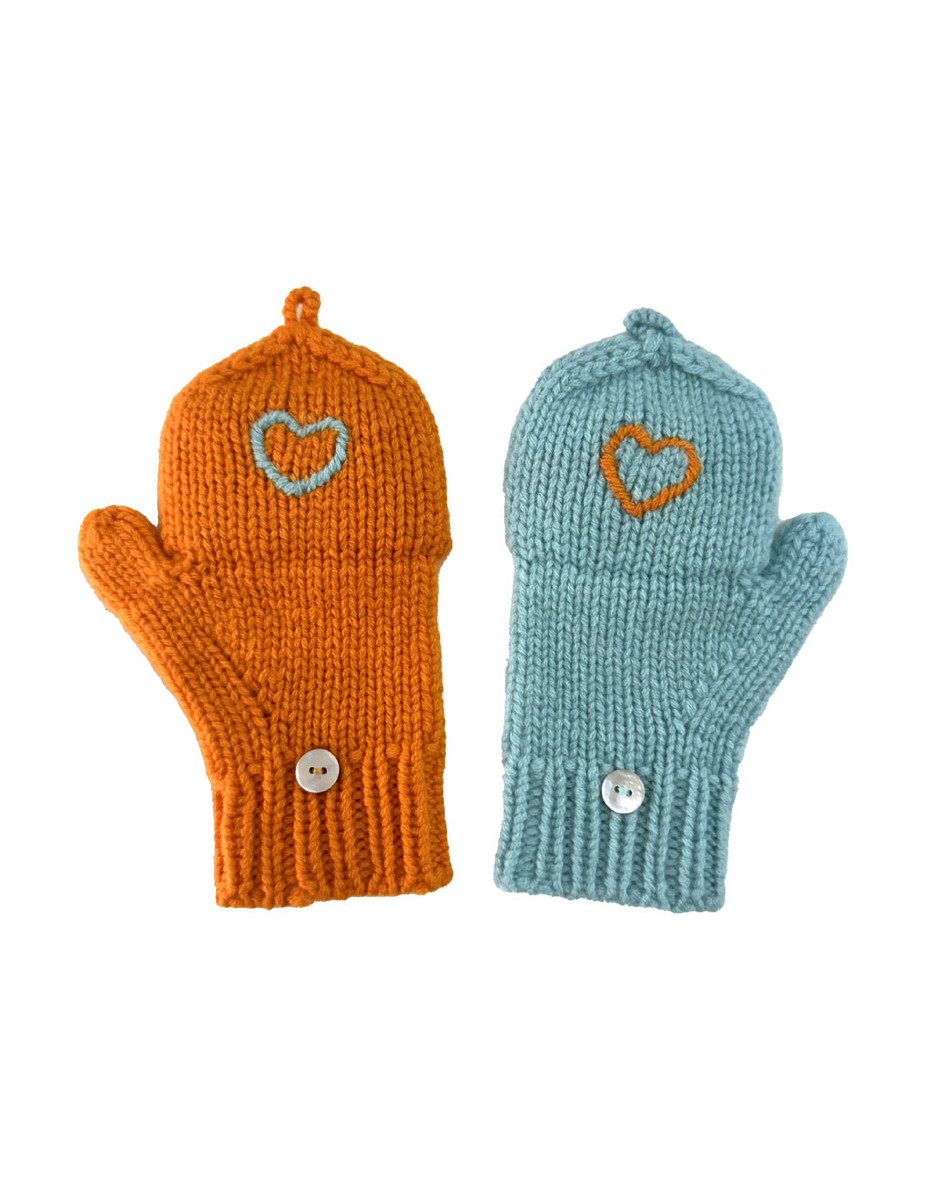 Kids Cashmere Hobo Gloves with hearts in Mandarin and Turkis – Feine ...
